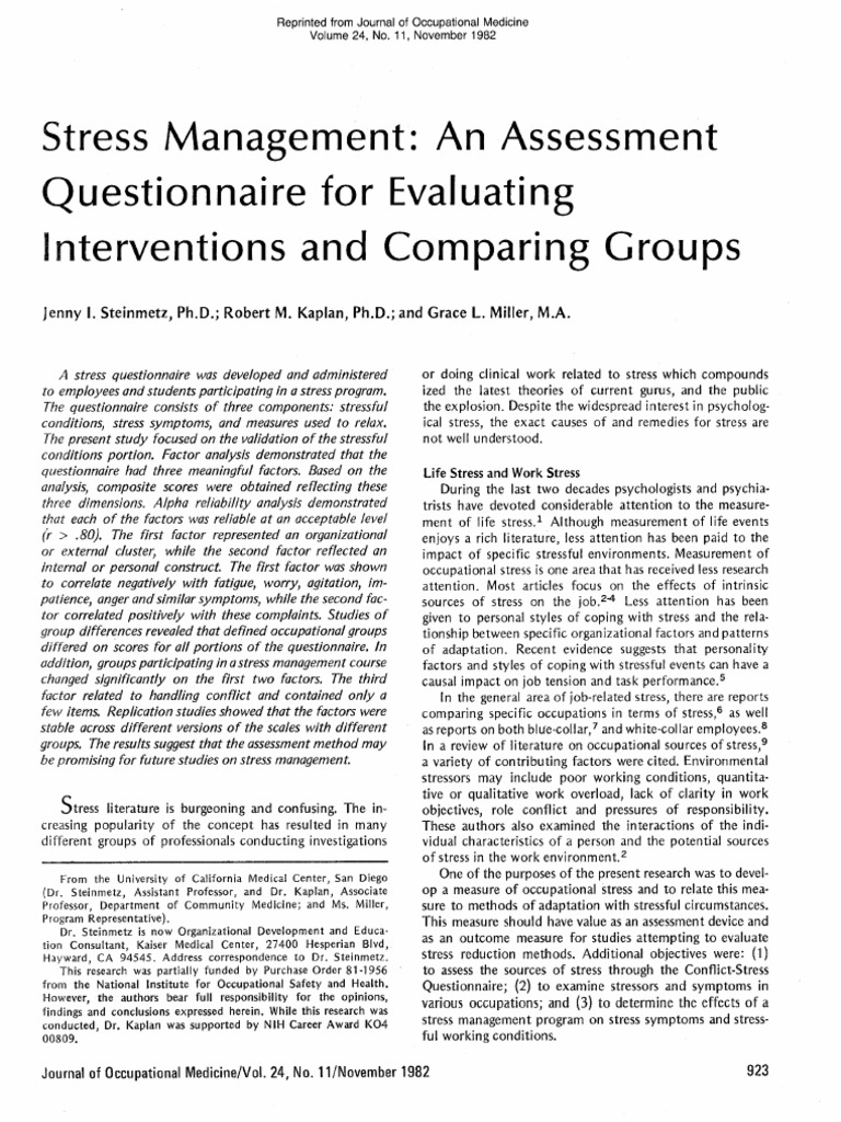 Stress Management: An Assessment Questionnaire For Evaluating | PDF ...