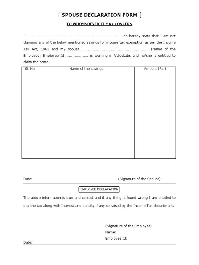 Spouse Declaration Form: To Whomsoever It May Concern | PDF