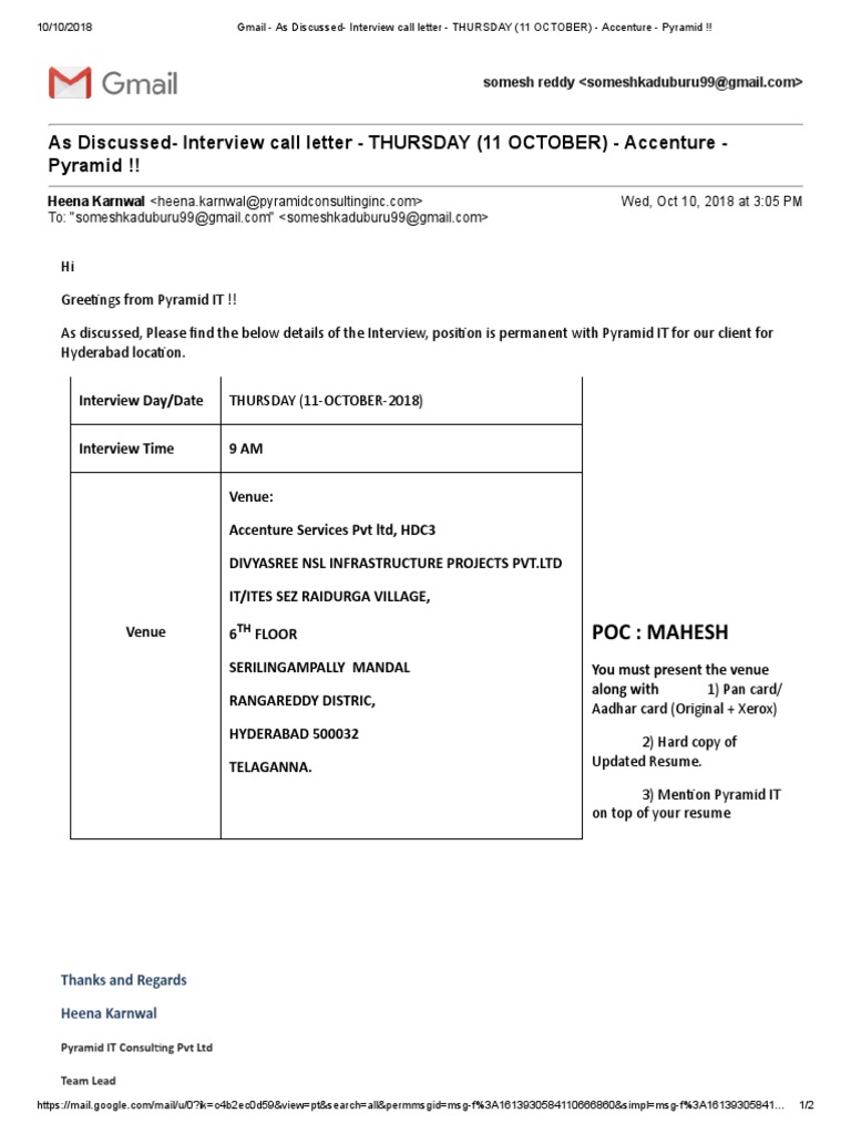 As Discussed-Interview Call Letter - THURSDAY (11 OCTOBER) - Accenture ...