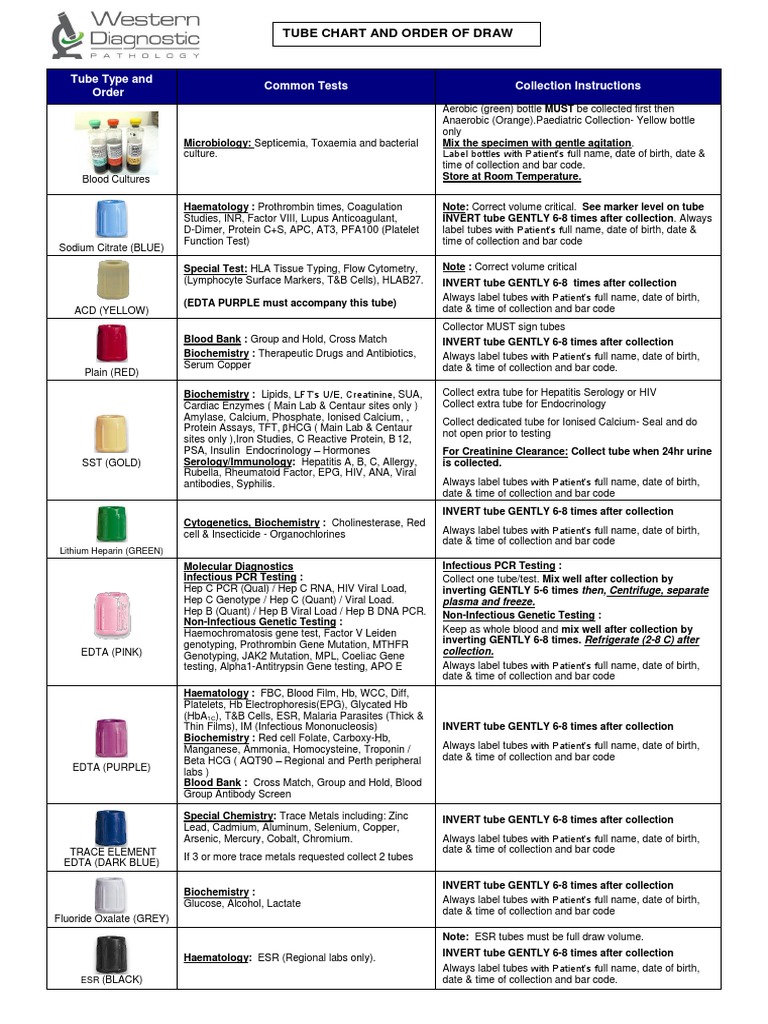 WDP PathologyTube Chart and Order of Draw v2 0 | PDF | Hepatitis B ...