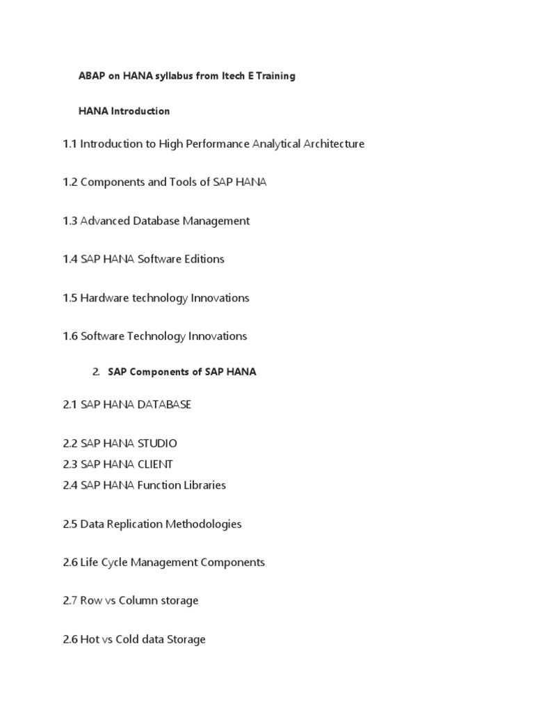 ABAP On HANA Syllabus From Itech E Training HANA Introduction | Download Free PDF | Method ...