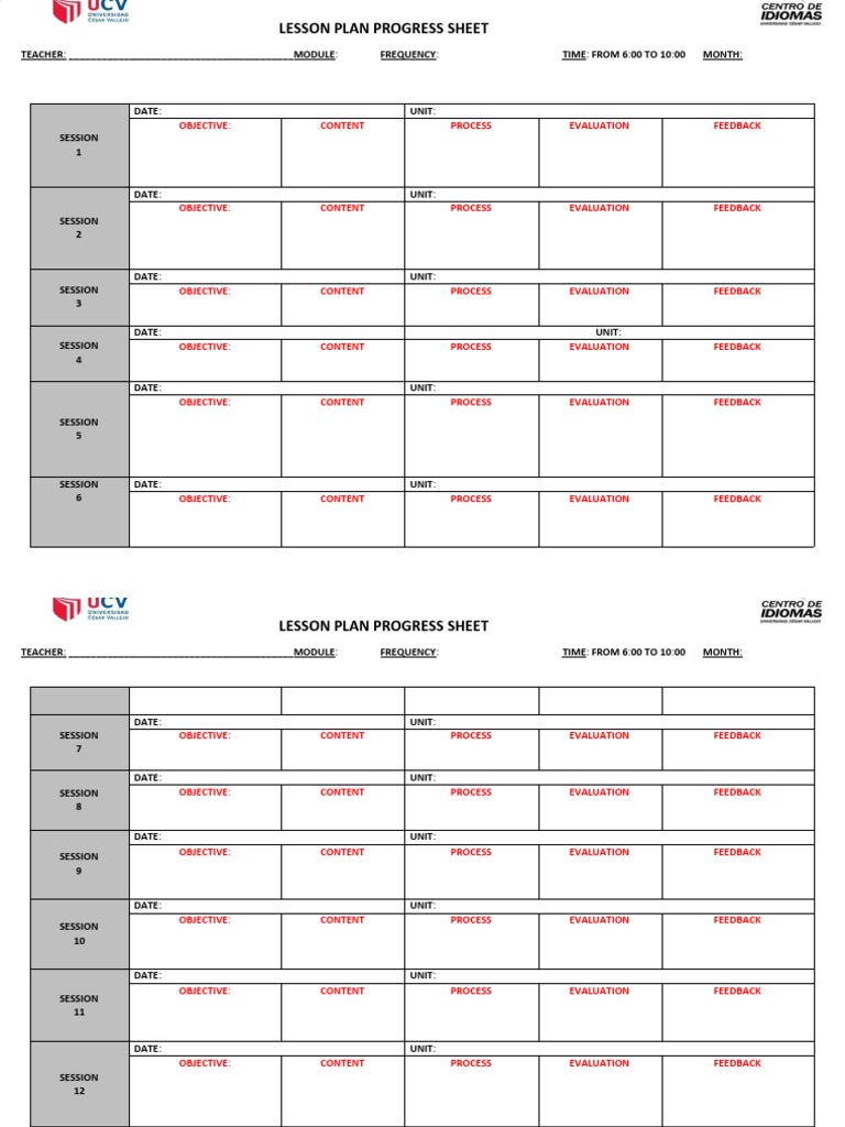Tracking Teaching Progress: A Lesson Plan Sheet for Monthly Module ...