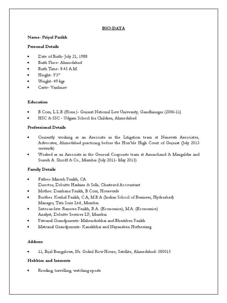 Priyal Parikh's Professional Bio Data | PDF | Wellness