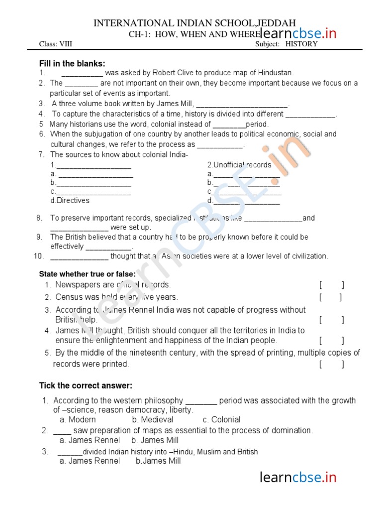 Cbse Class 8 History Worksheet How When and Where | PDF | British Raj