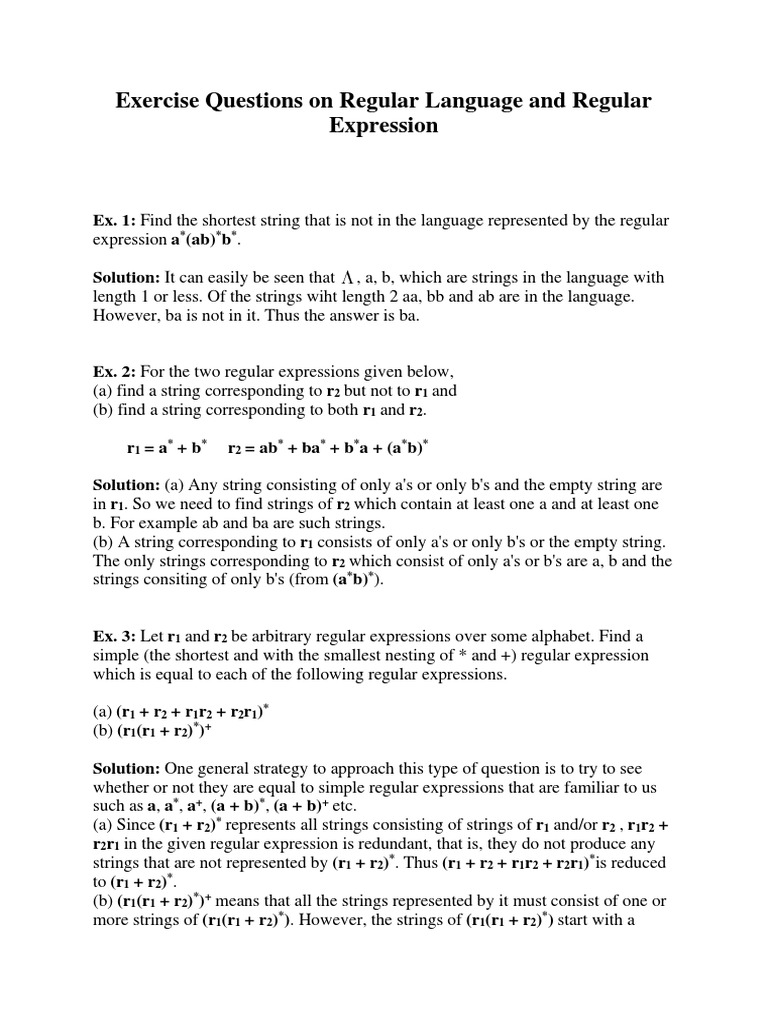 Exercise Questions On Regular Language and Regular Expression | PDF ...