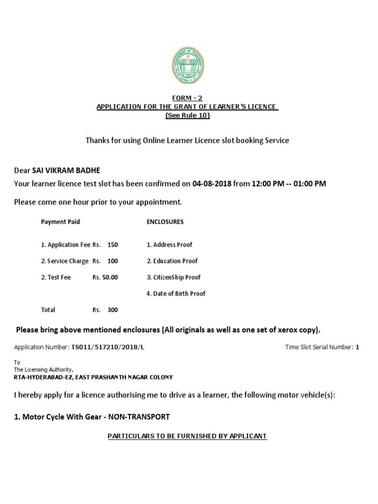 Form - 2 Application For The Grant of Learner'S Licence (See Rule 10 ...