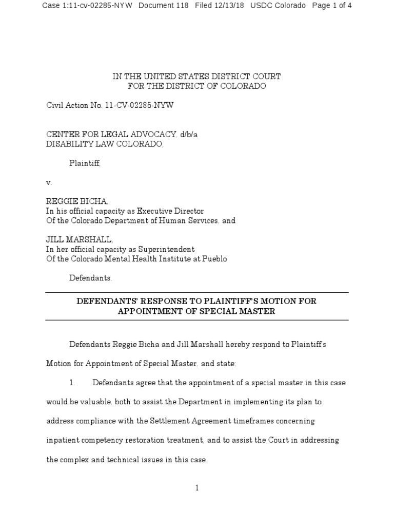 Center For Legal Advocacy v. Reggie Bicha: Defendant's Response To ...