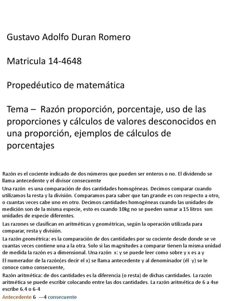 Razones, Proporciones, Porcentaje Propedeutico Matematica | PDF ...