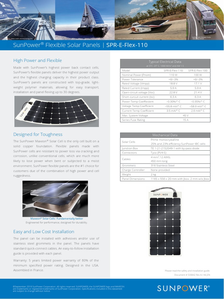 110W Flexible Panel Spec Sheet | PDF | Solar Cell | Solar Panel