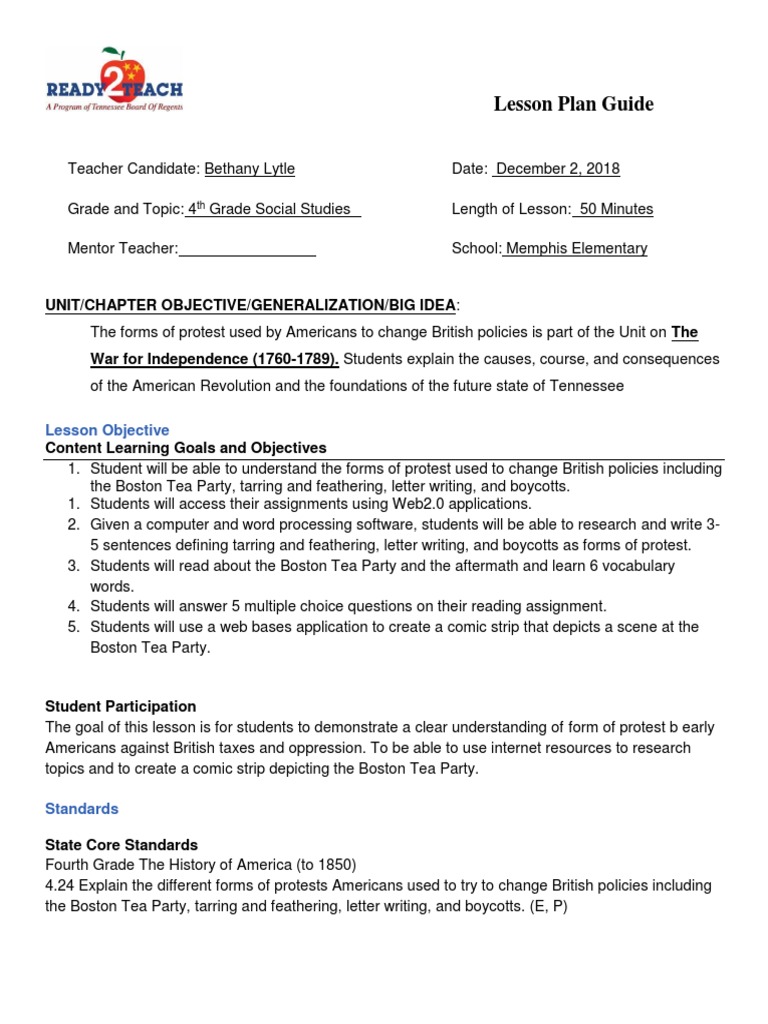 Boston Tea Party Lesson Plan | PDF | Lesson Plan | Cognition