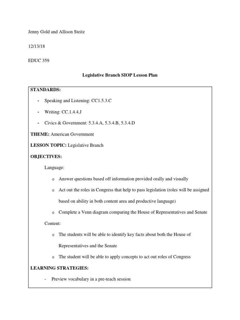 Siop Leg Branch Lesson Plan | PDF | United States Congress | American ...