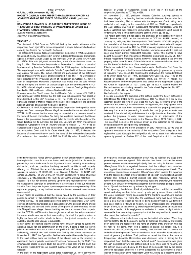 Calimlim Vs Ramirez | PDF | Lawsuit | Laches (Equity)