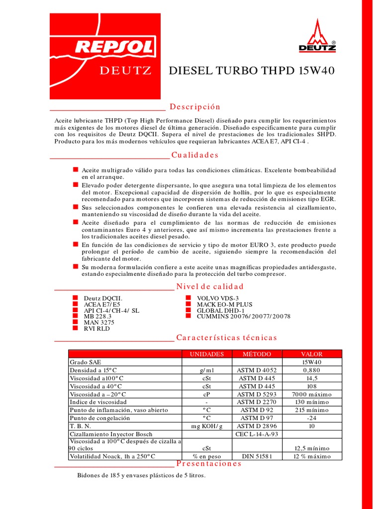 Deutz Turbo Oil 15w40 | PDF | Motor diesel | Lubricante