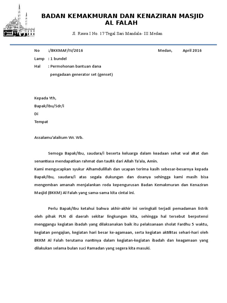 Proposal Permohonan Genset Al Falah | PDF