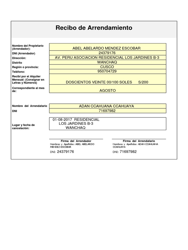 Modelo de Recibo - Por Alquiler - Vivienda Mes de Agosto | PDF