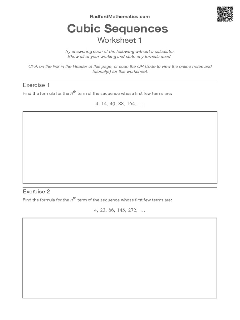 Cubic Sequences Worksheet 1