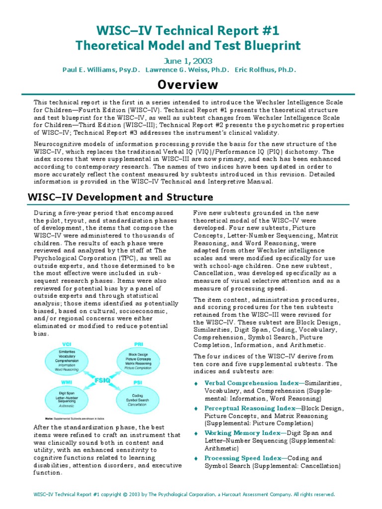 WISC-IV Technical Report #1 Theoretical Model and Test Blueprint | PDF ...
