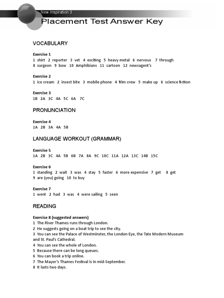 Placement Test Key for Students | PDF
