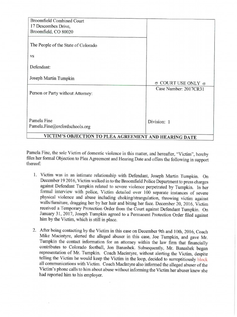 Pam Fine: Victim's Objection To Plea Agreement and Court Date | PDF