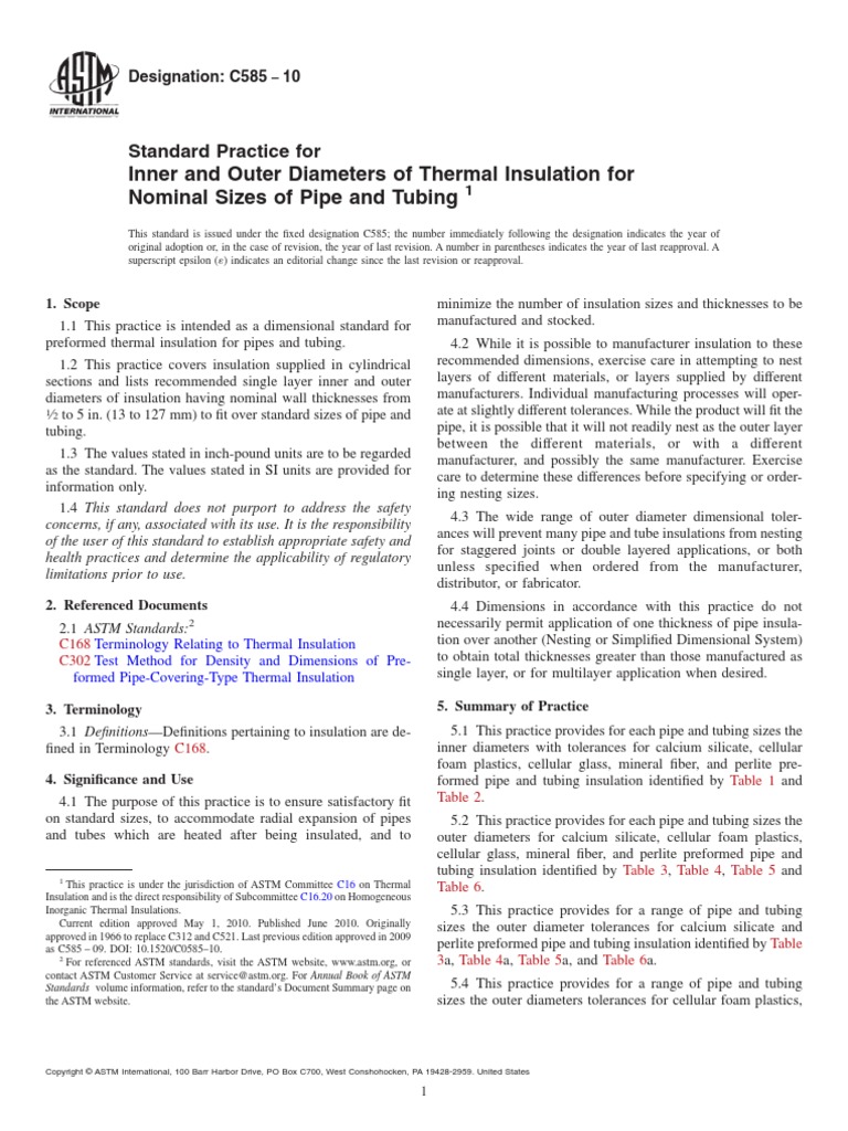 Inner and Outer Diameters of Thermal Insulation For Nominal Sizes of ...