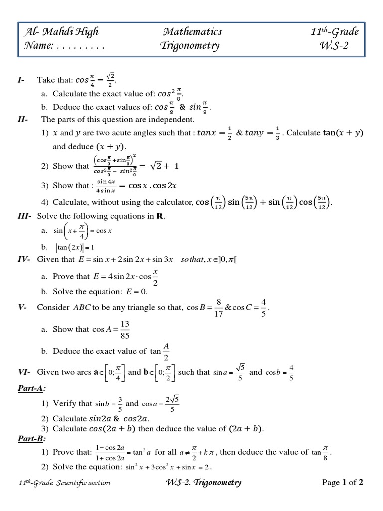 Al-Mahdi High Mathematics 11 - Grade Name ...