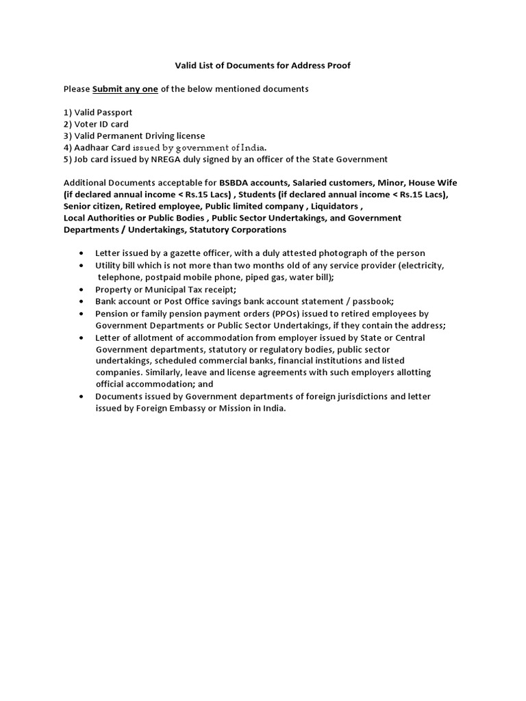 Address Proof Document List | PDF | Finance & Money Management