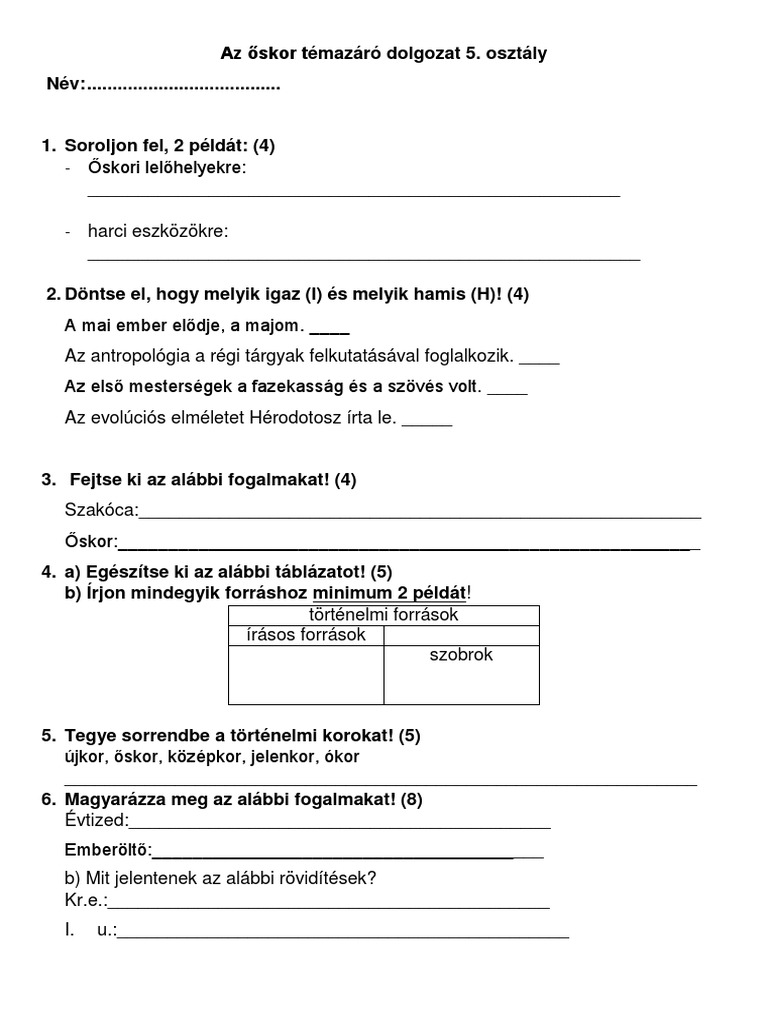 Az Őskor Témazáró Dolgozat 5. Osztály | PDF