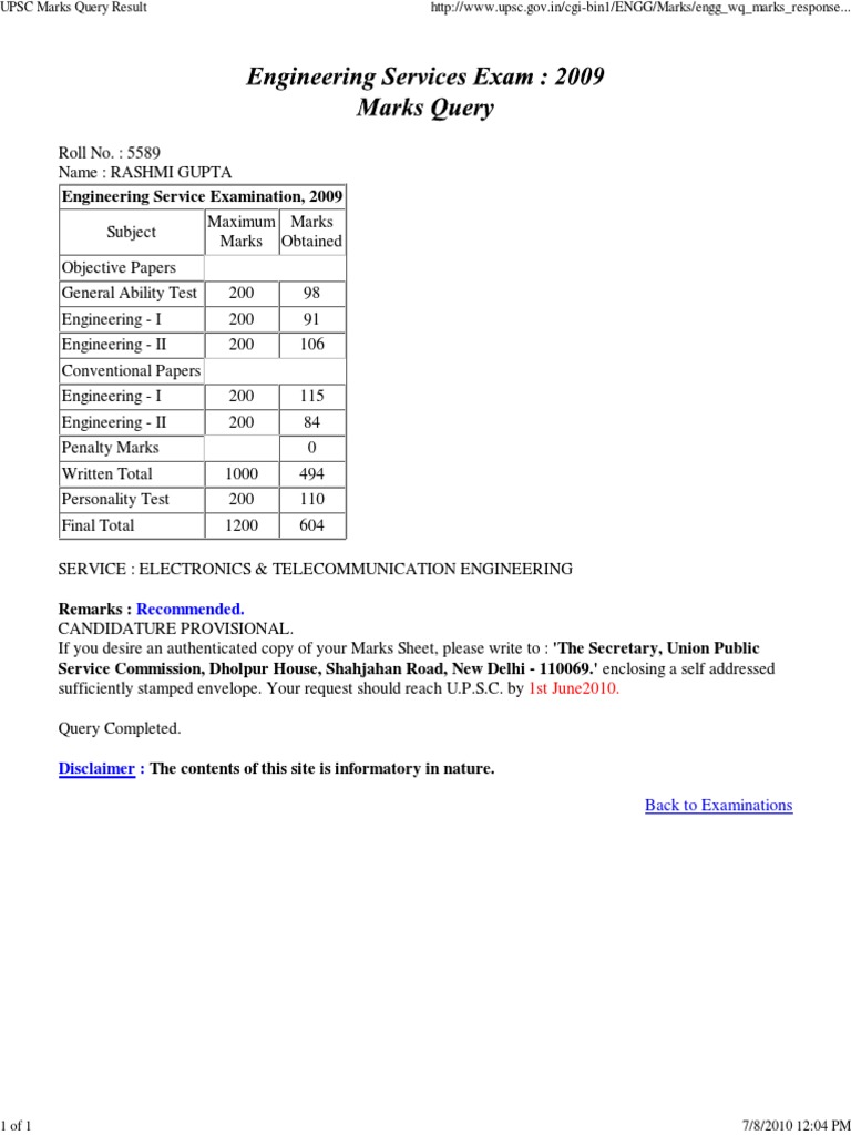 Engineering Service Examination, 2009: Recommended | PDF