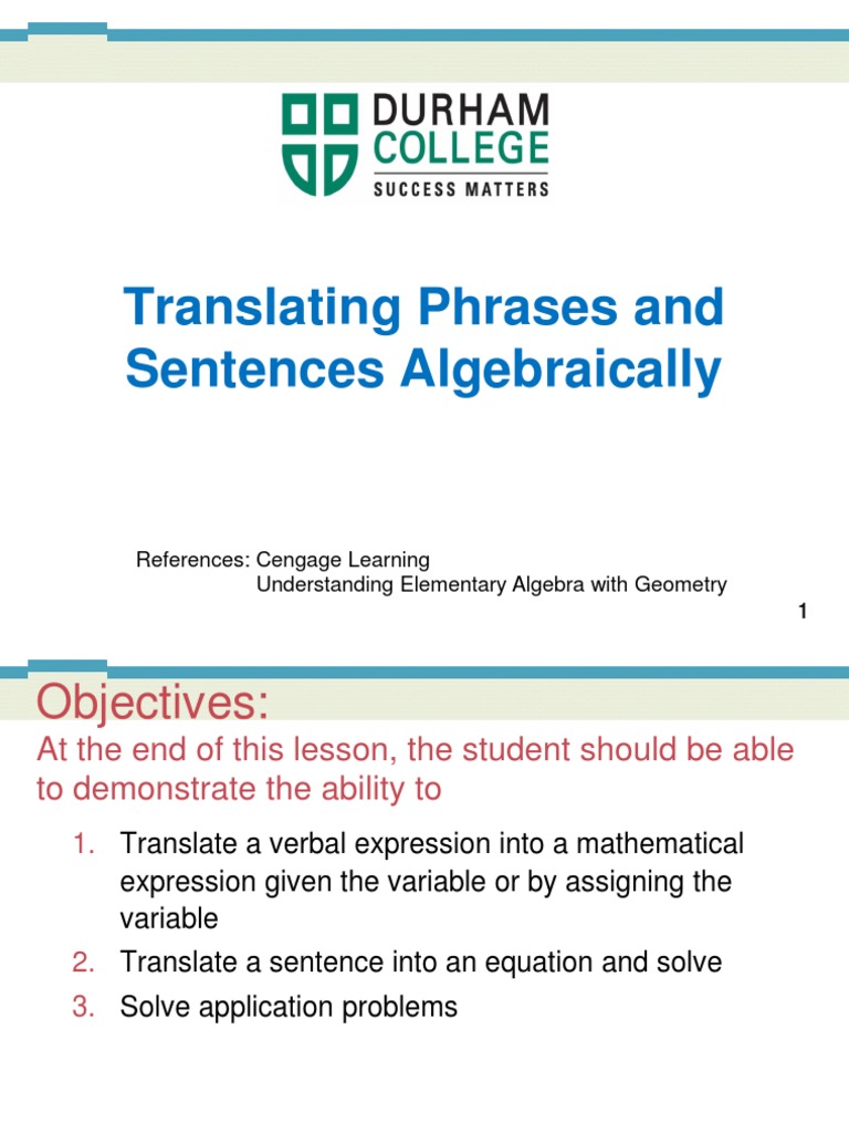 Lesson 7 - Translating Phrases and Sentences Algebraically | PDF ...