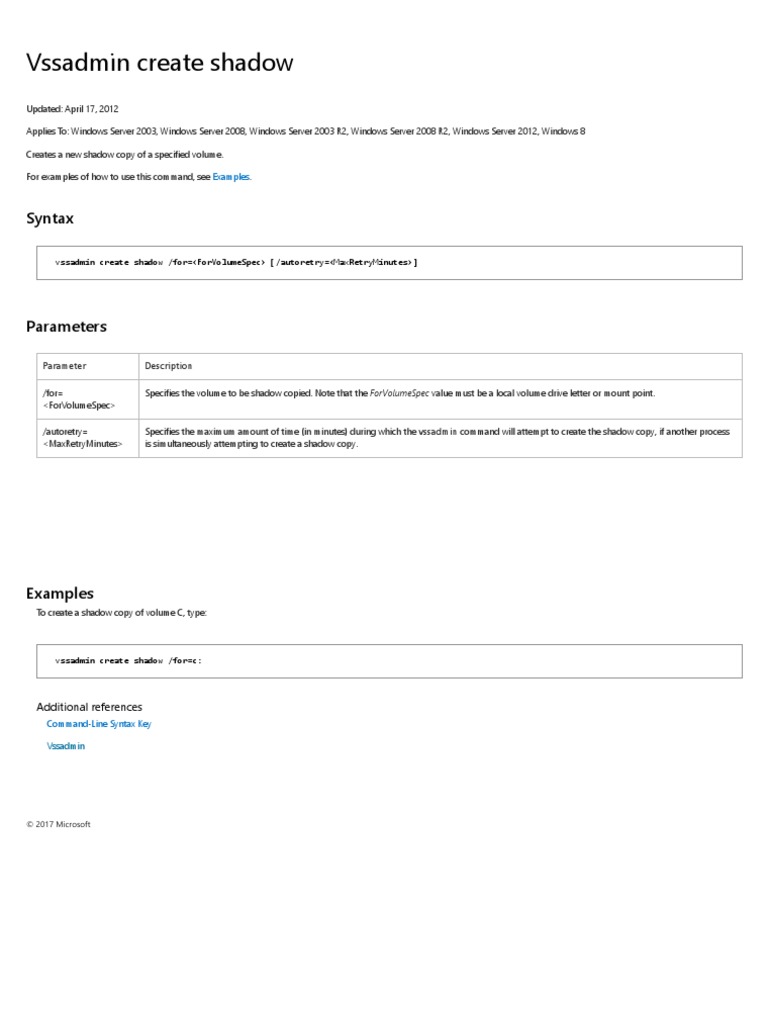 Create Shadow Copy with Vssadmin | PDF
