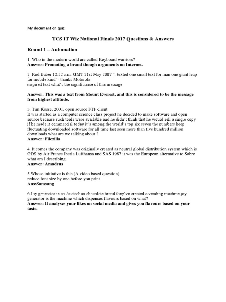 TCS IT Wiz National Finals 2017 Questions & Answers Round 1 ...