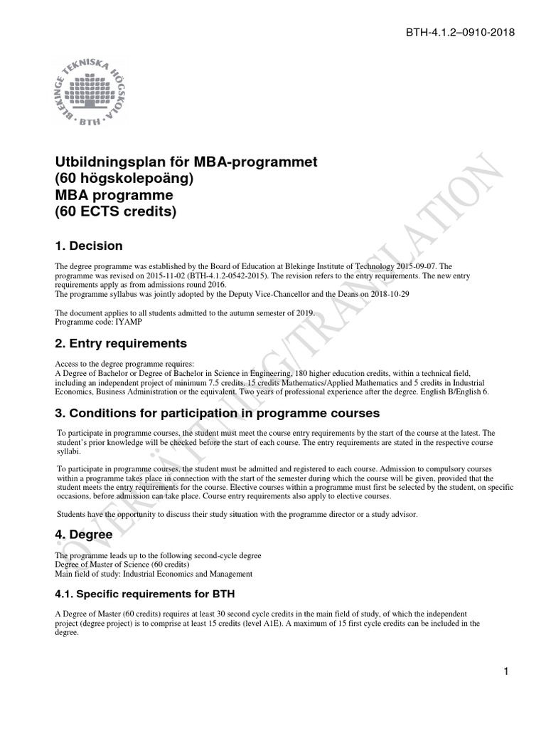 BTH MBA Program | PDF | Academic Degree | Master Of Business Administration