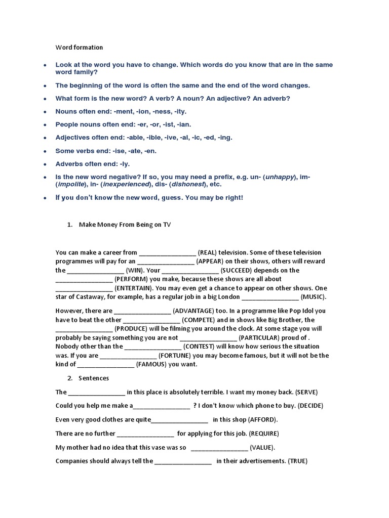 Word Formation - Exercises | PDF | Adverb | Adjective