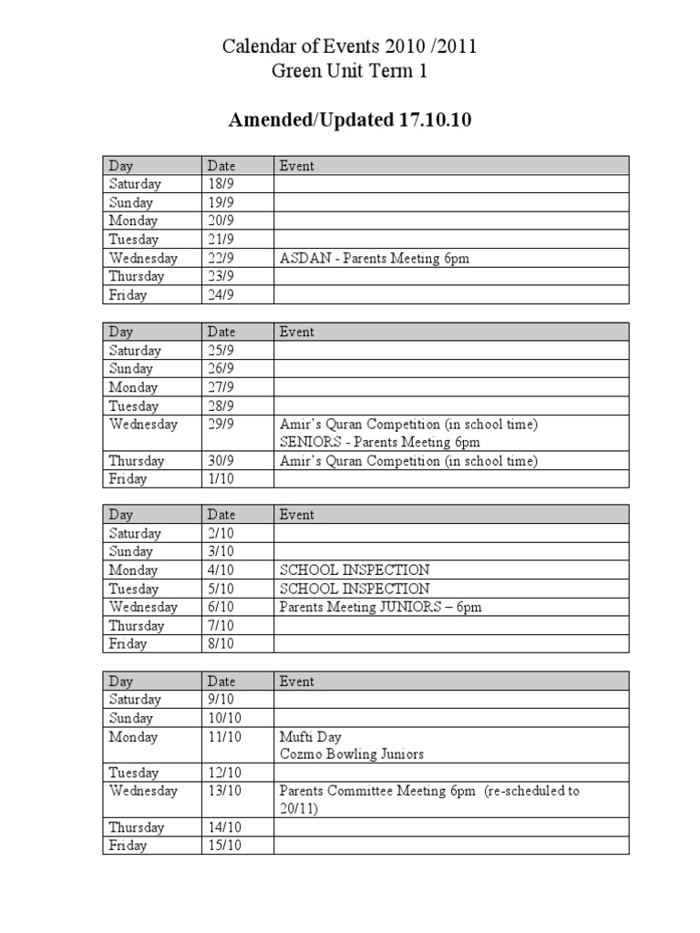 Green Unit Calendar of Events Updated 17 10 10 | PDF | Observances ...