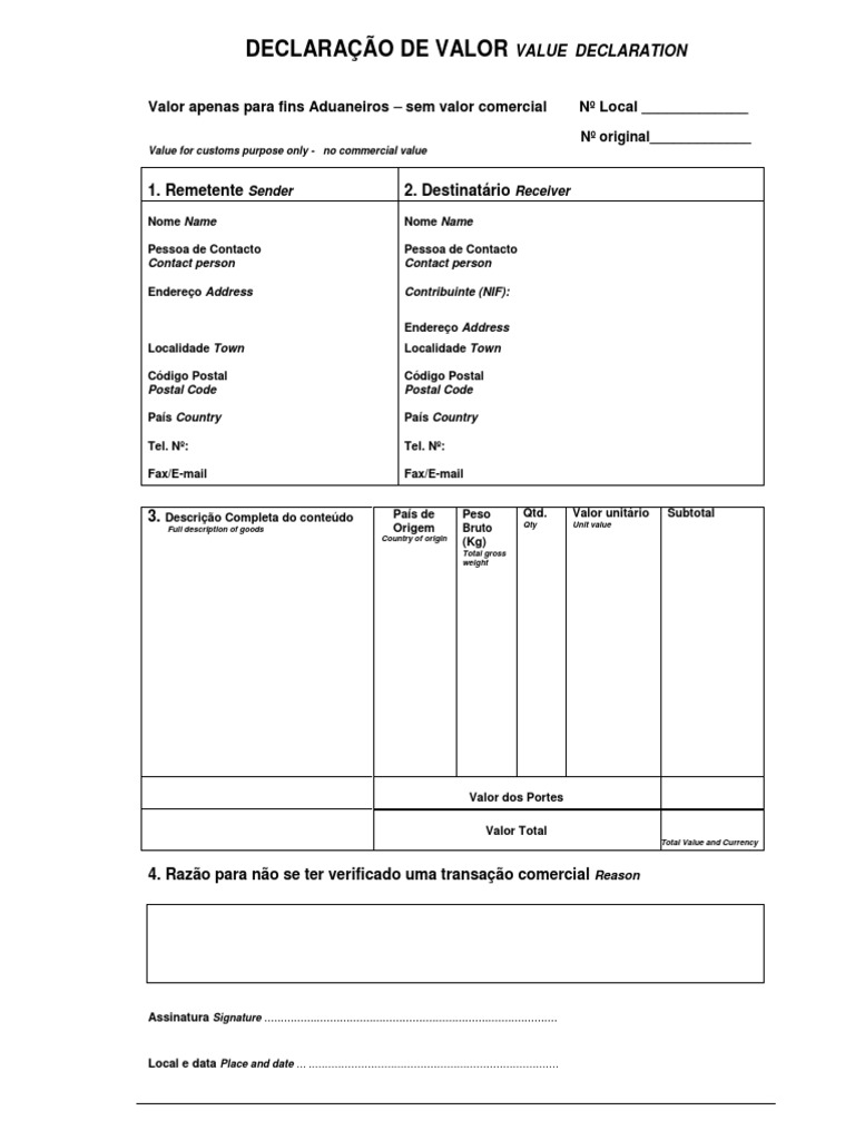 Declaração de valor para fins aduaneiros para envio internacional sem ...