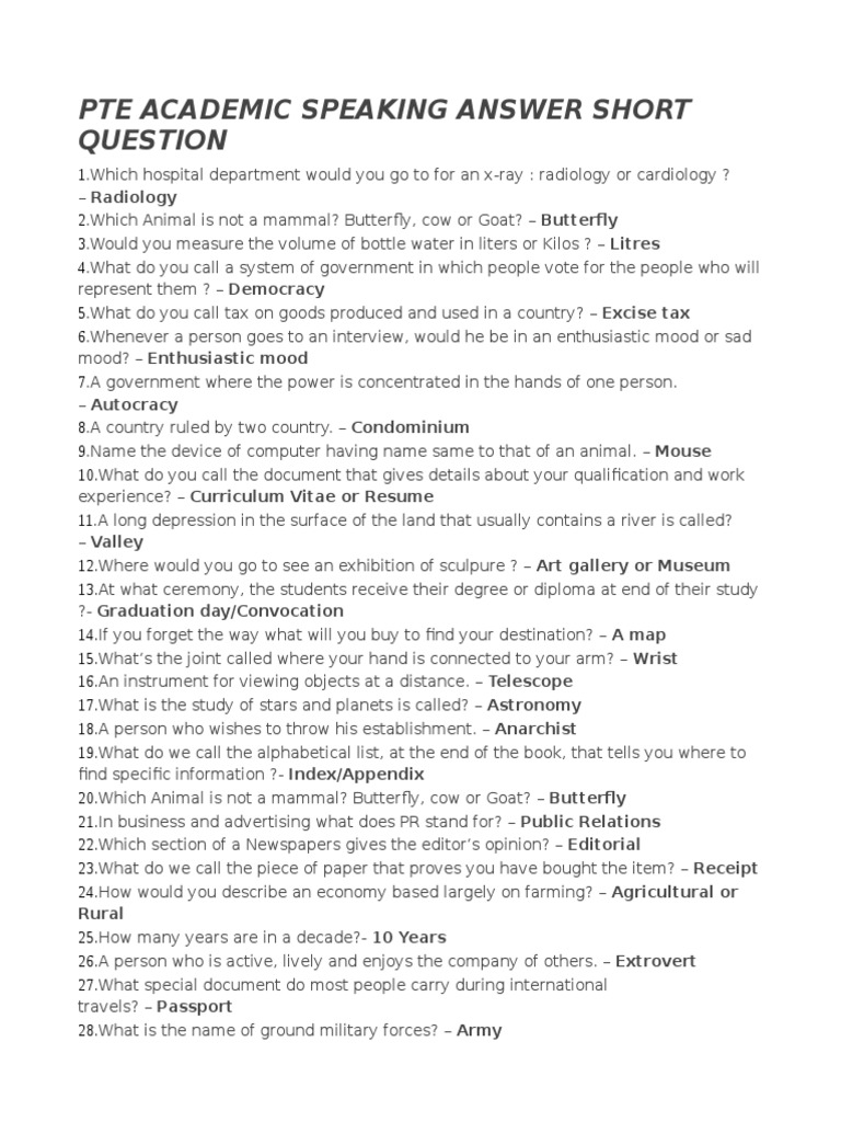 PTE Academic Speaking: Short Answer Guide | PDF | Nature