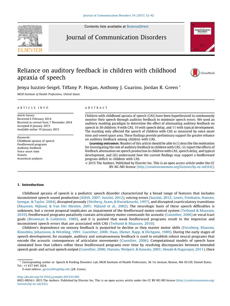 Journal of Communication Disorders. Reliance On Auditory Feedback in ...