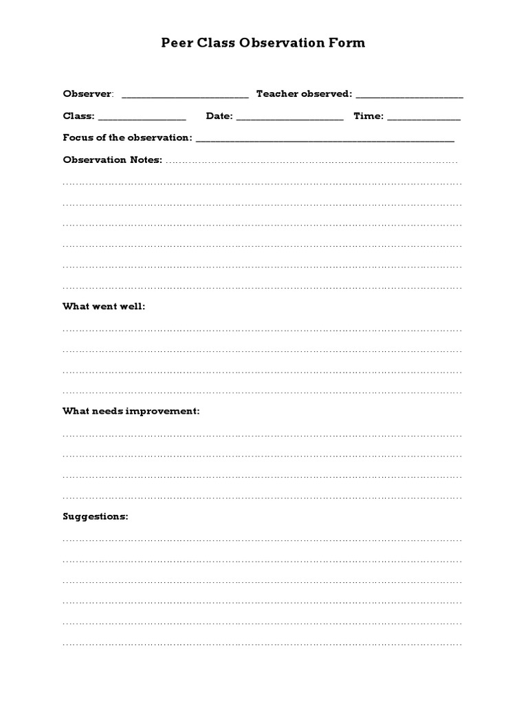 Peer Class Observation Form: Observer Teacher Observed: Class: Date ...