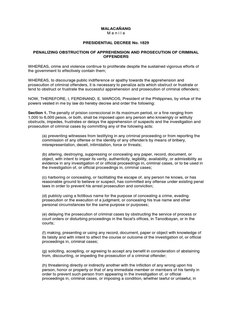 PD 1829 Penalizing Obstruction of Apprehension and Prosecution of ...