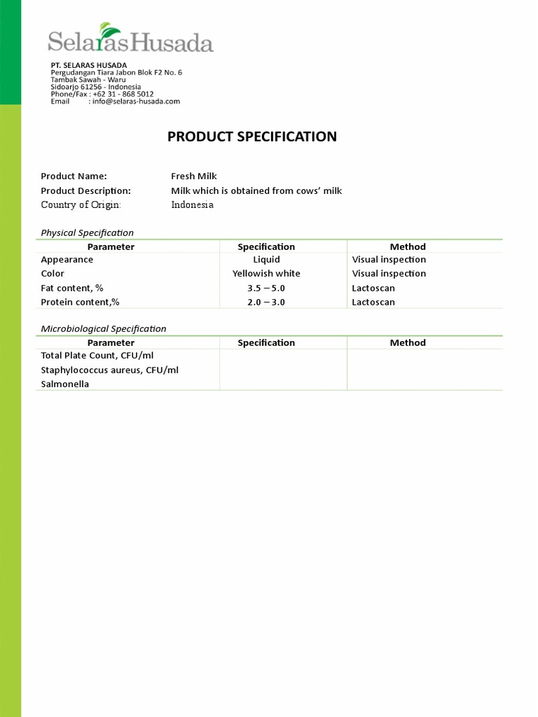 Product Specification - Fresh Milk | PDF