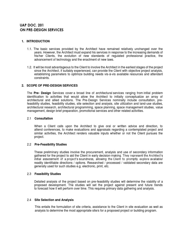 UAP DOC. 201 On Pre-Design Services | PDF | Architect | Feasibility Study