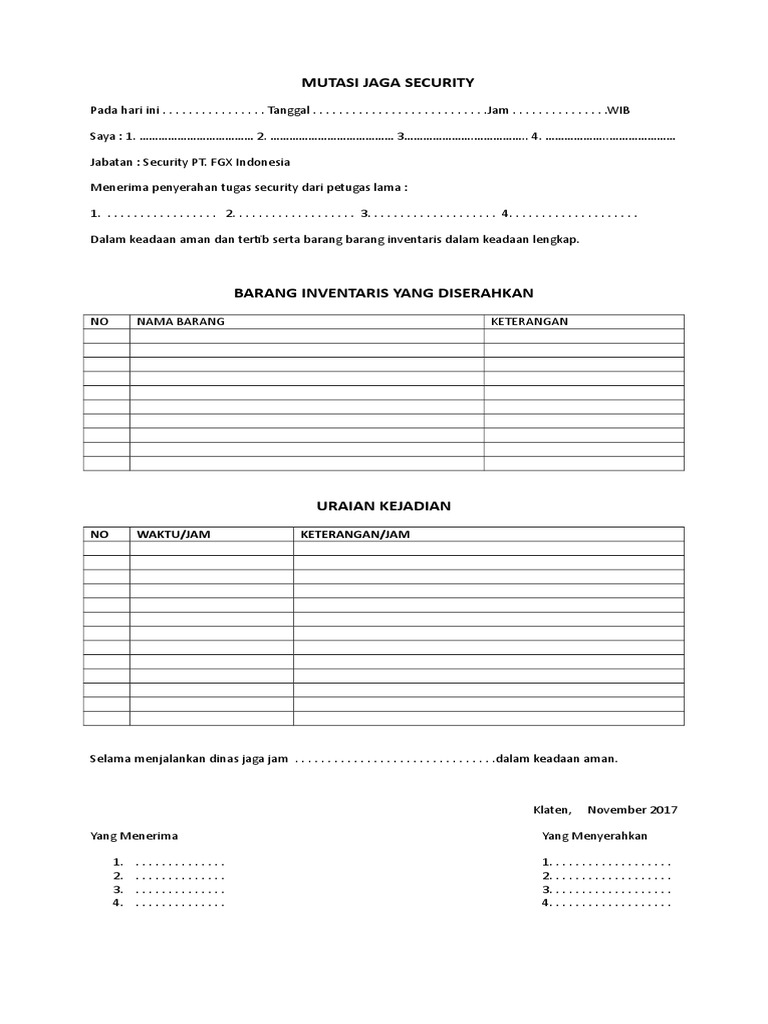 Form Mutasi Jaga Security | PDF