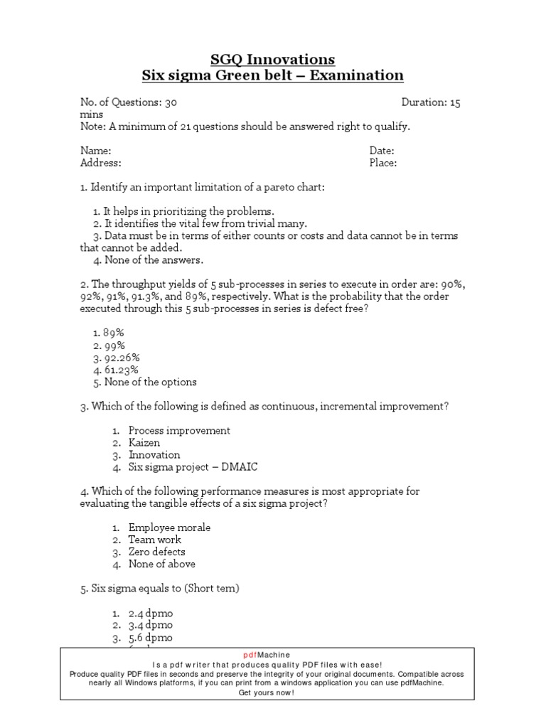 SSGB Test Paper | PDF | Six Sigma | Analysis