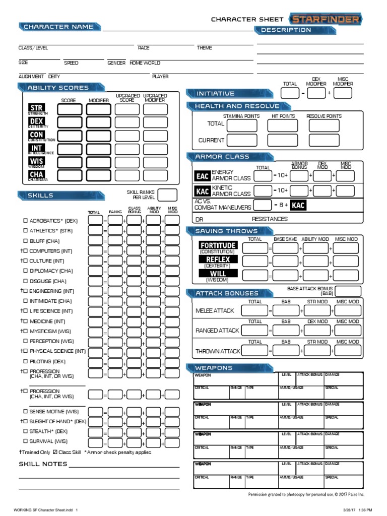 Starfinder 2E Character Sheet Template | PDF | Role Playing Games | Gaming