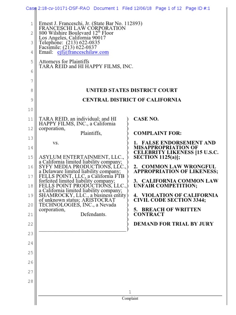 Reid v Asylum | Punitive Damages | Complaint