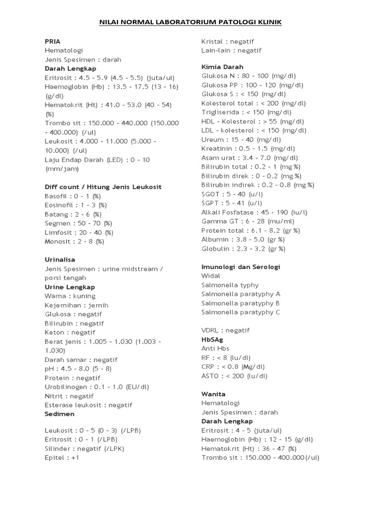 Nilai Normal Laboratorium Patologi Klinik | PDF