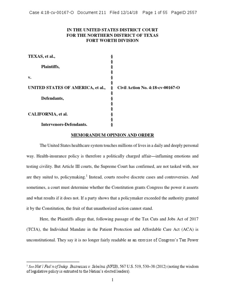 Texas V US - Partial Summary Judgment - Obamacare | PDF | Standing (Law ...