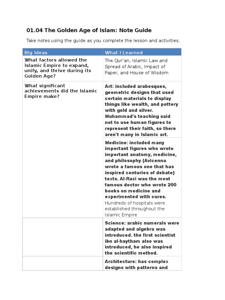 01.04 The Golden Age of Islam: Note Guide: Take Notes Using The Guide ...