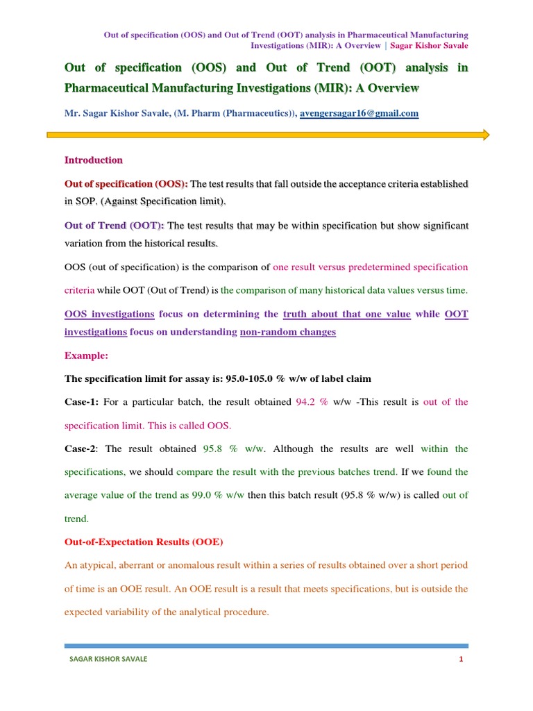 Out of Specification (OOS) and Out of Trend (OOT) Analysis in ...