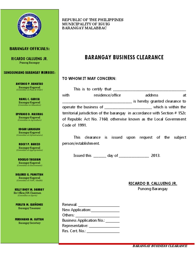 Barangay Business Clearance: Barangay Officials: Ricardo Callueng Jr ...